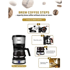 Gevi 4-Cup Coffee Maker with Auto-Shut Off, Small Drip Coffeemaker Compact Coffee Pot Brewer Machine with Cone Filter, Glass Carafe and Hot Plate, Stainless Steel Finish