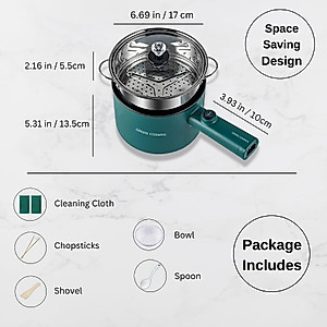 Green Hot Pot Electric with Steamer, Multi-function Cooker, 1.8L Noodle cooker Non-Stick Frying Pan, Electric Pot for Pasta with Adjustable Temprature Control, Over-Heating & Boil Dry Protection