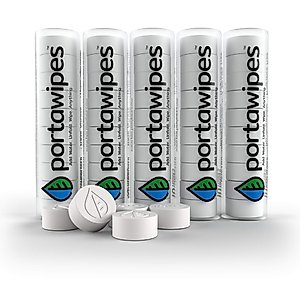 Portawipes Coin Tissues | 50 Pack with 5 Carrying Cases | Toilet Paper Tablets | Compressed Towels | Expandable Wipes | Soft & Odor Free