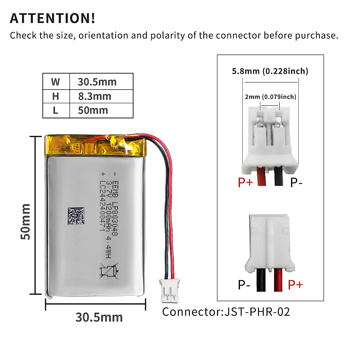 EEMB Lithium Polymer Battery 3.7V 1200mah 803048 Lipo Rechargeable Battery Pack with Wire JST Connector for Speaker and Wireless Device- Confirm Device & Connector Polarity Before Purchase