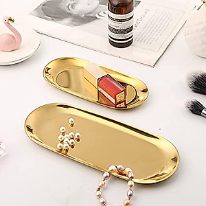 2 Pack Oval Decorative Brass Trays with Mirror Finish, 9”Small Gold Tray with Curved Lip, Dessert Table Serving Platter Vanity Jewelry Metal Tray for Desktop, Exxacttorch