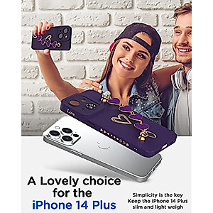 AICase iPhone 14 Plus Case for Women with Full Camera Lens Protection and Hand Strip Loop, Silicone Heart Girly Cute Side Soft Slim Shockproof Protective Cover for iPhone 14 Plus 6.7 inch_Purple