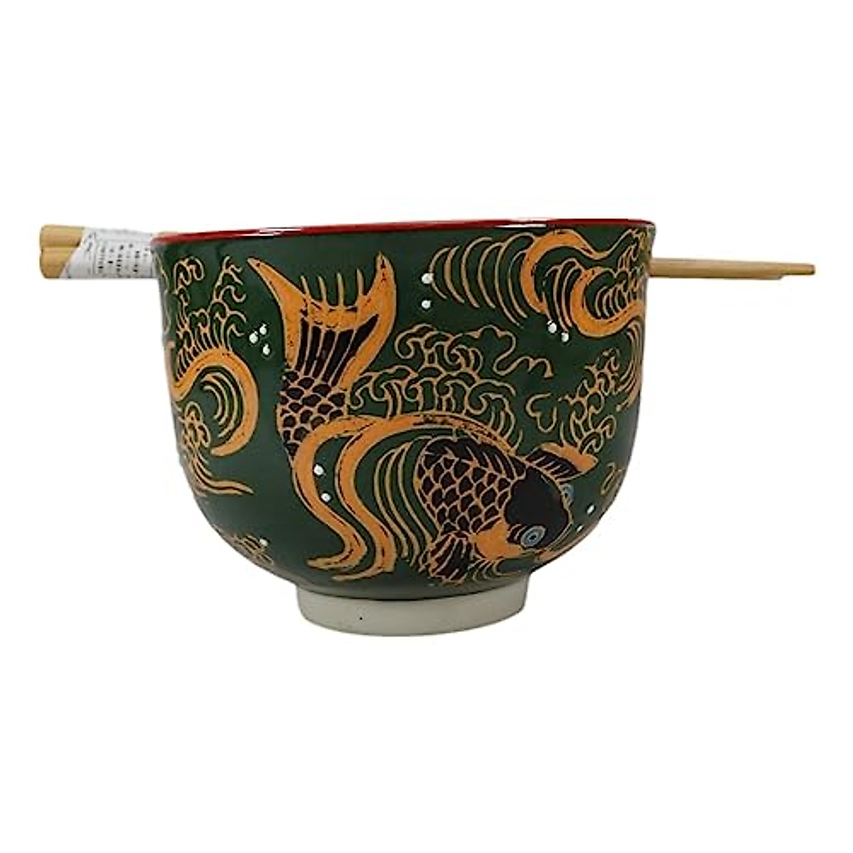 Ebros Gift Colorful Green And Yellow River Koi Fishes With Crystals Ramen Udong Noodles Bowl With Built In Chopsticks Rest and Bamboo Chopstick Set for Kitchen Dining Soup Rice Meal Bowls (1)