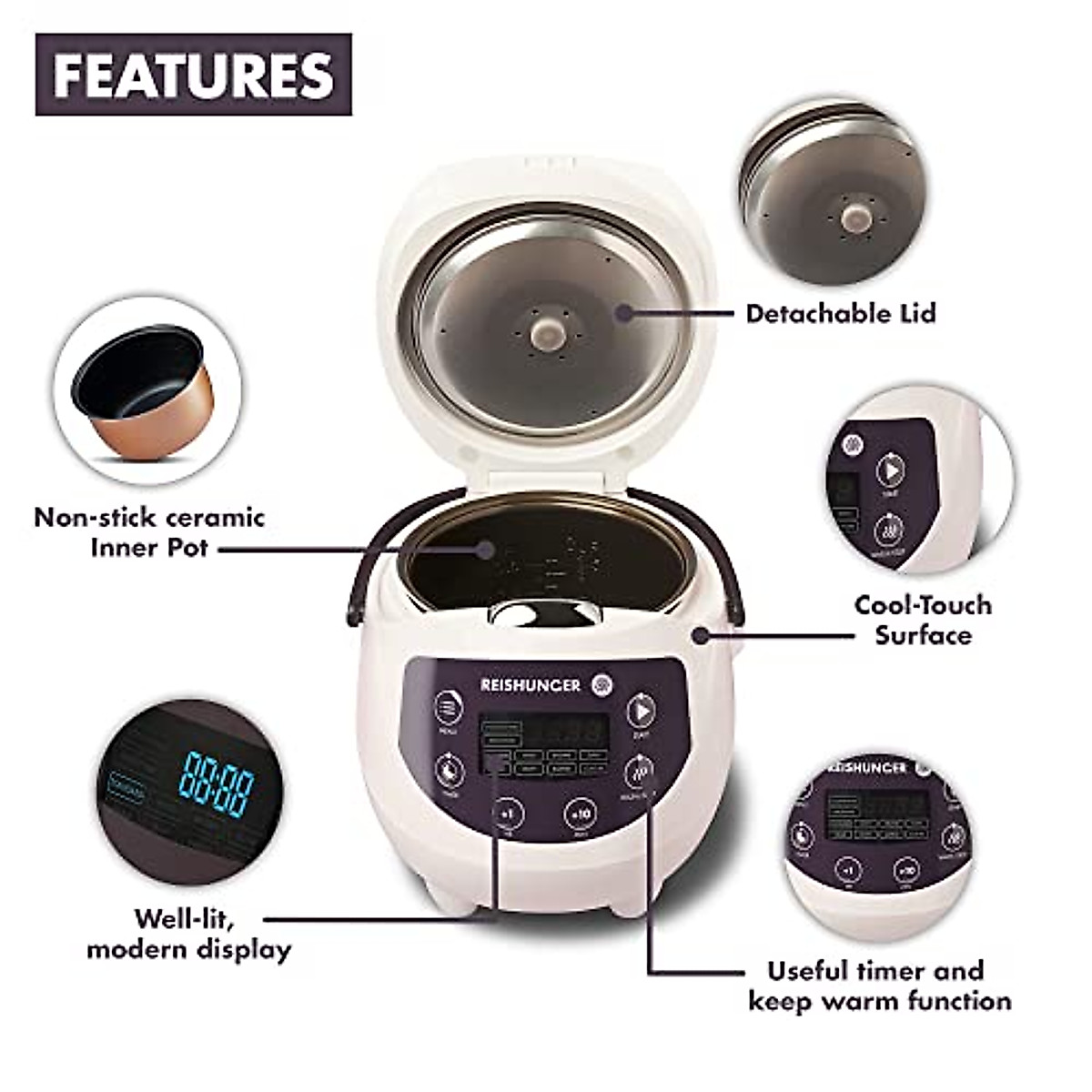 Reishunger Digital Mini Rice Cooker & Steamer, Pink with Keep-Warm Function & Timer - 3.5 Cups - Small Rice Cooker Japanese Style with Ceramic Inner Pot - 8 Programs - 1-3 People