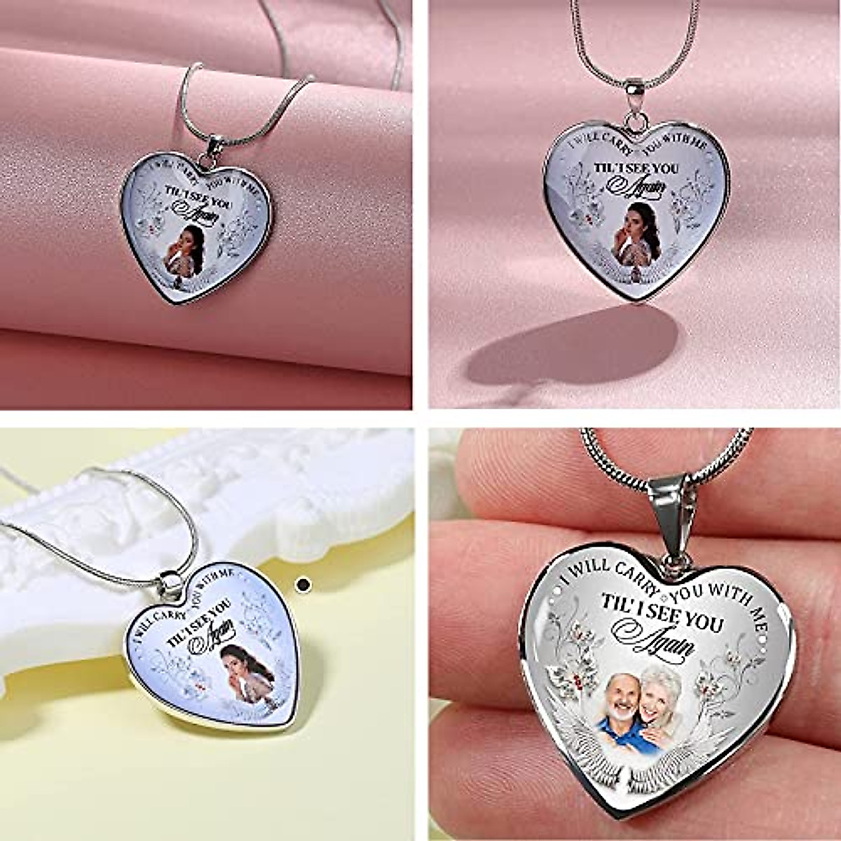 Drawelry Personalized Photo Memorial Necklace Customized Picture Pendant With Angel Wings Sterling Silver Snake Chain for Women Men Heart Memory Necklace Jewelry Gift for Anniversary Loving Memory