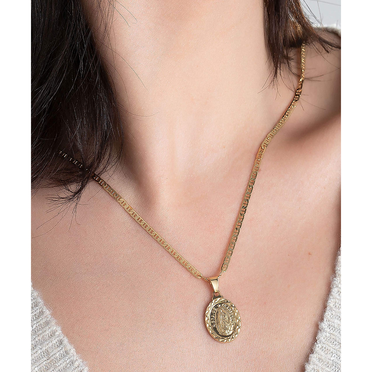 Barzel 18K Gold Plated Flat Mariner/Marina Chain Necklace With Virgin Mary Guadalupe Charm Pendant 3MM (24)