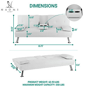 Naomi Home Transform Your Living Space with Comfort White Futon Sofa Bed with Armrest, Cupholders, & Reclining Function, Ideal for Cozy Living Rooms! Sofa Bed Couch with Metal Legs, Faux Leather