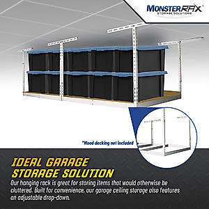 MonsterRax 4x8 Overhead Garage Storage Rack Frame Kit - Hanging Storage Shelves, Garage Ceiling Storage Rack System, Overhead Garage Organizers And Storage, Ceiling Shelving - (White, 18"-33")