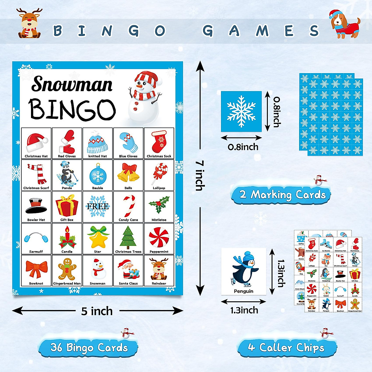 Joy Bang Christmas Bingo for Kids & Adults - Snowman Bingo Game for 36 Players with Winter Stickers - Xmas Activity & Holiday Party Supplies