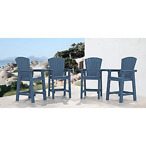 KINGYES Embossed Balcony Chair, Tall Adirondack Chair Set of 2 Outdoor Adirondack Barstools with Connecting Tray, High Airondack Chair with Wood Grain, Blue