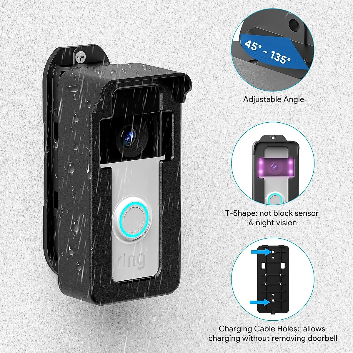 Anti-Theft Video Doorbell Angle Mount, 45 to 135 Degree Adjustable Ring Camera Holder Doorbell Door Mount for Apartment, Compatible with Ring/Blink Video Doorbell 4 3 Plus 2 1 Pro 2