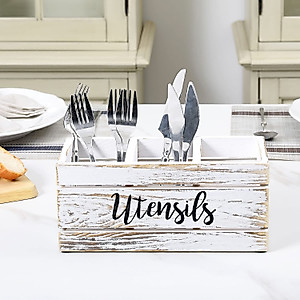 MyGift White Washed Solid Wood Farmhouse Kitchen Utensil Holder for Countertop with 3 Compartments and Stenciled UTENSILS Design, Flatware Organizer Holder