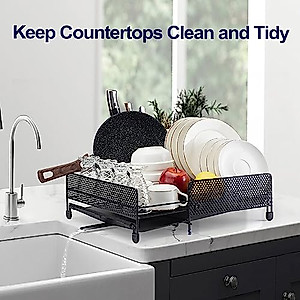 Moderspace Dish Drying Rack, Expandable Dish Rack, Capacity Dish Racks for Kitchen Counter, Dish Drainer with Utensil Holder& Drainboard, Black