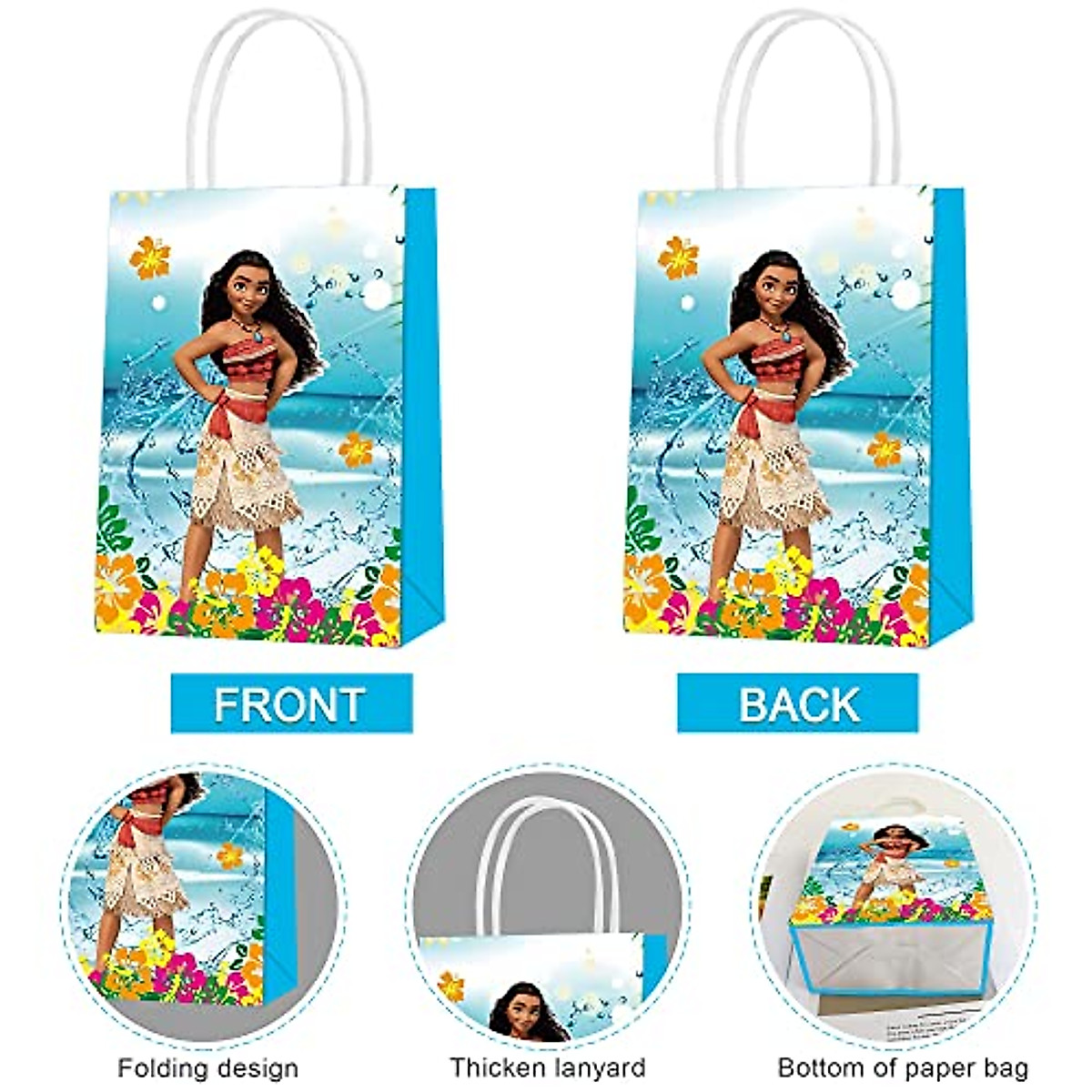 W/NN 16 Pcs Moana Party Paper Gift Bags, 2 Styles Party Favor Bags with Handles for Moana Party Decorations, Goody Bags Candy Gift Bags for Girls Boys Birthday Party Supplies Favors