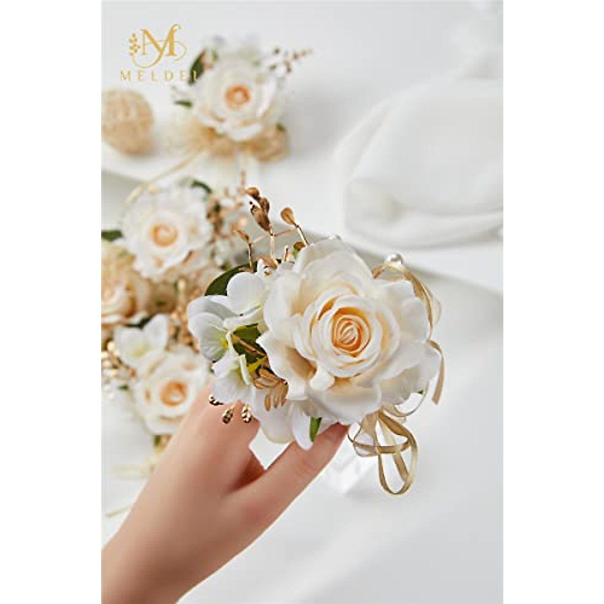 Meldel Champagne Prom Flower Wrist Corsage for Wedding, Set of 6, Rose Wrist Flower for Mother of Bride and Groom , Bride Bridesmaid Girl Women Party, Homecoming Ceremony Anniversary