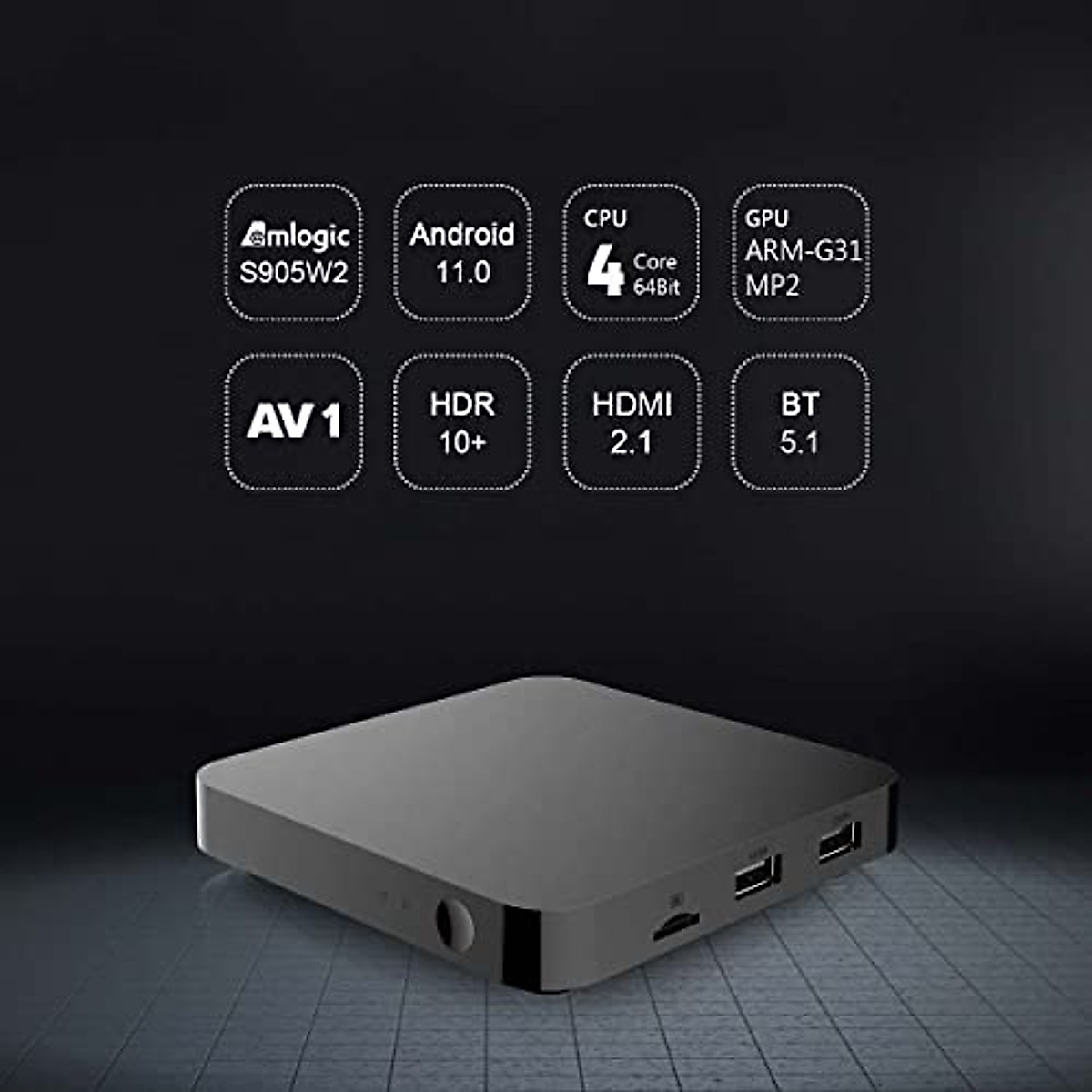 Android 11 TV Box 2GB 16GB, Smart TV Box with Amlogic S905W2 Ethernet 100M 2.4G 5G WiFi BT up to 4.2 1080P Ultra HD 4K HDR AV1 USB 2.0