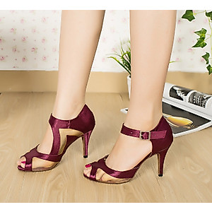 URVIP Women's Satin High-Heel Ballroom Pumps Modern Latin Tango Shoes Cross Ankle Strap Buckle Dance Shoes LD006 Fuchsia 8 B(M) US