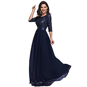 Ever-Pretty Women's Round Neck Sequin 3/4 Sleeve Party Dress Chiffon Cockatil Dress Navy Blue US6