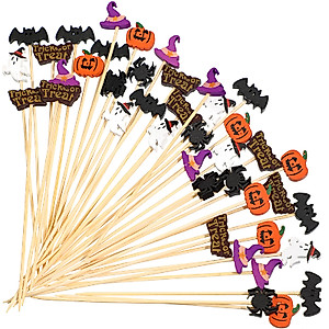 Halloween Cocktail Picks Pumpkin Spider Hat Ghost Letters Bamboo ToothPicks Appetizer Bamboo Toothpicks for Halloween Cake Food Decoration (100 Pieces)