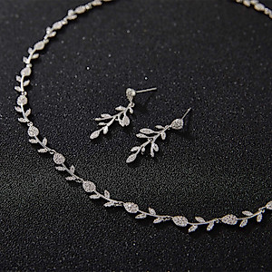 SWEETV Cubic Zirconia Wedding Jewelry Sets for Bride Bridesmaids, Crystal Silver Leaf Vine Bridal Earrings and Necklace Set for Women Jewelry Gifts