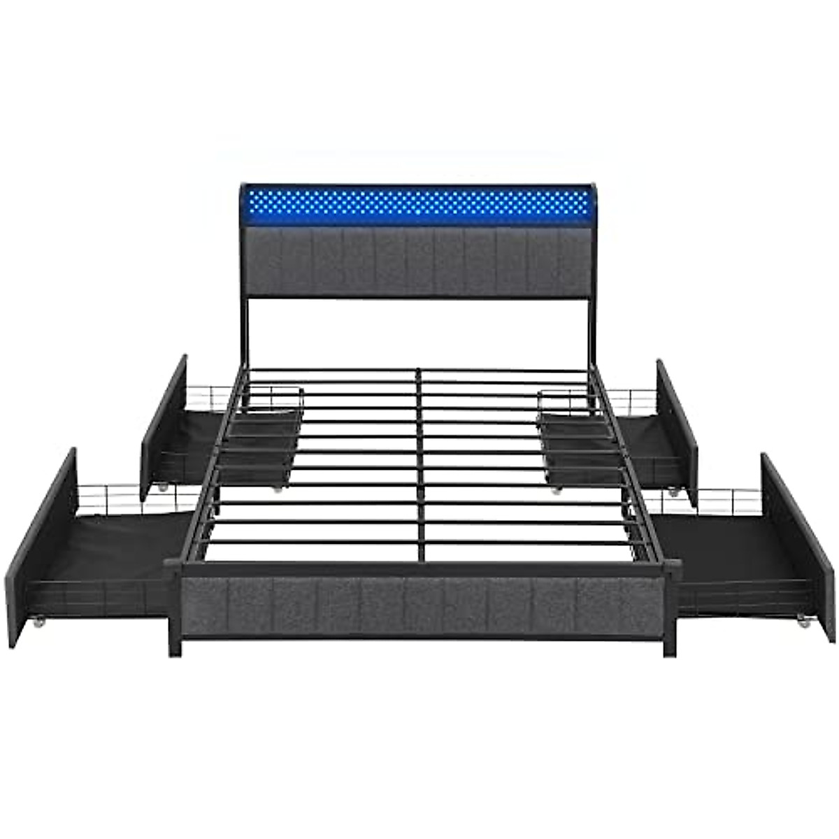 ADORNEVE Queen Bed Frame with LED Lights Headboard & 4 Storage Drawers, Upholstered Platform Bed with Outlets & USB Ports, LED Bed Frame with Storage Headboard, No Box Spring Needed,Dark Grey