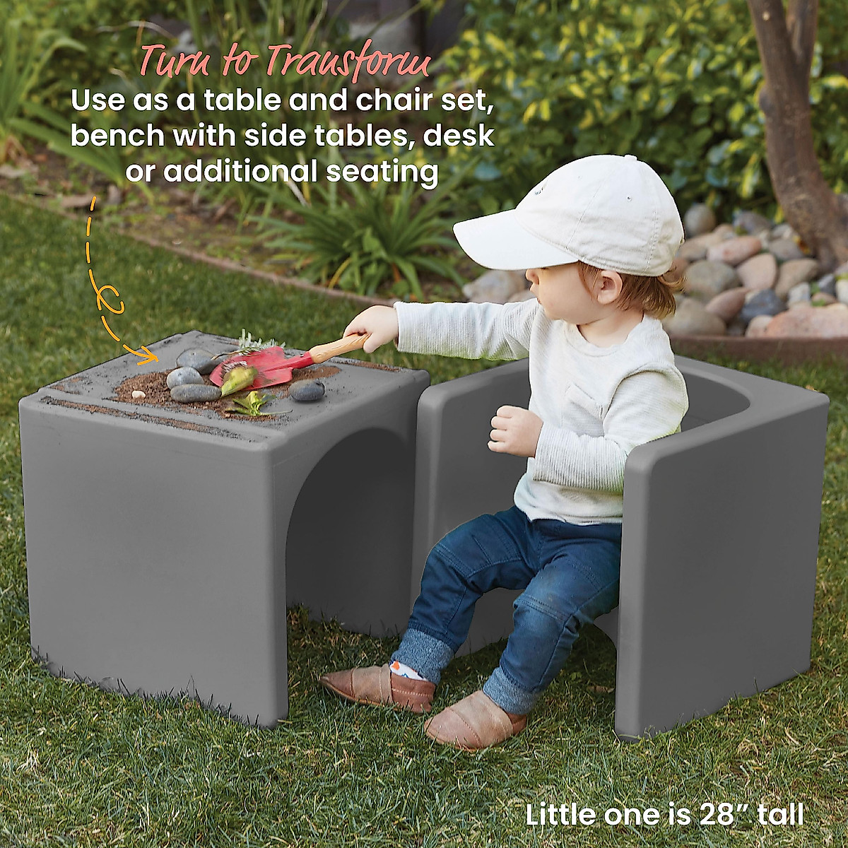 ECR4Kids Tri-Me Table and Cube Chair Set, Multipurpose Furniture, Dark Grey, 3-Piece