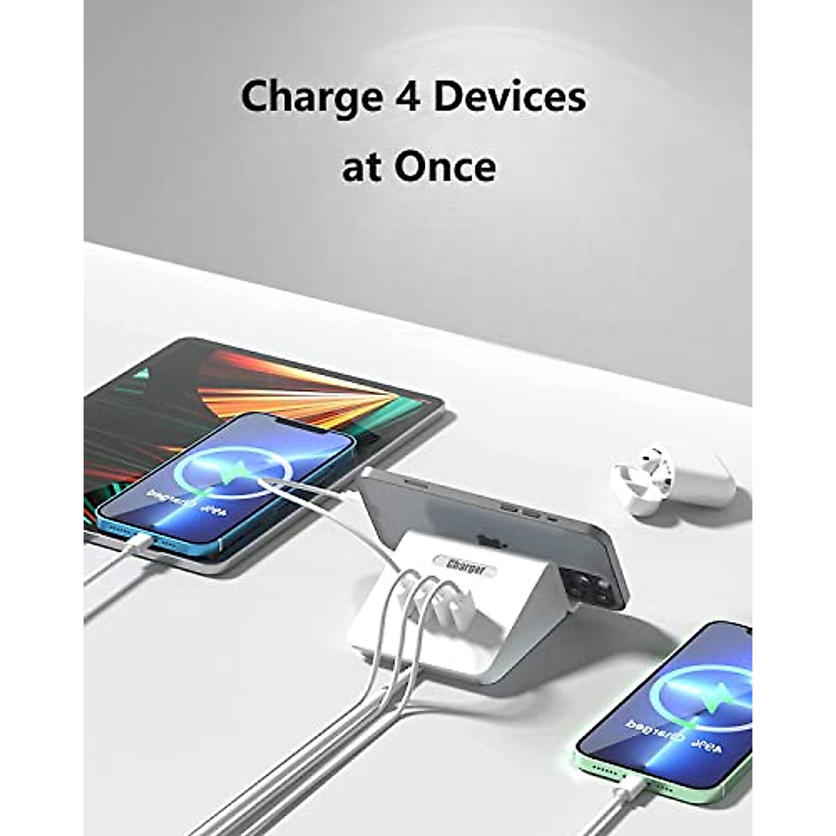 Solopen USB Charging Station 25W, 4-in-1 USB Charger Station, USB Hub Charger for Multiple Devices with Phone Stand,Compatible with Smartphones,Earphones,iPad and More,White