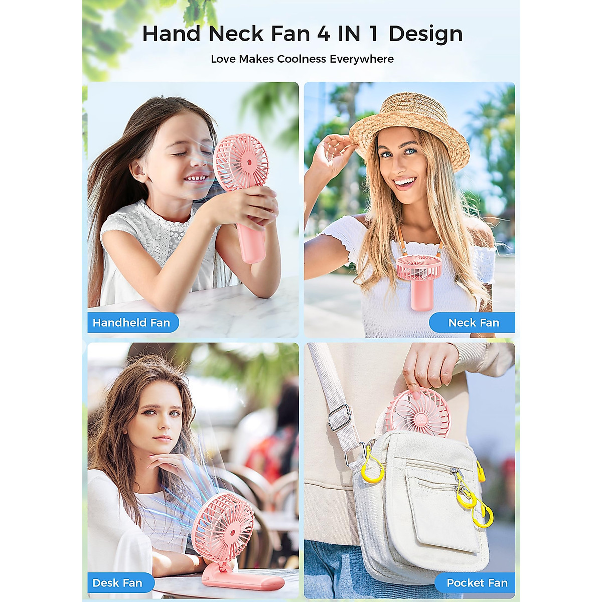 JZCreater Mini Handheld Fan,Portable Hand Held Fan, 15H Cooling Fan, Quiet 4 Speed, USB Rechargeable Battery Operated Desk Fan, Small Folding Electric Fan for Travel Outdoor Home Office Makeup, PINK