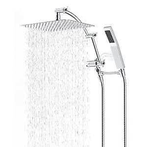 Hibbent All Metal 12'' Rainfall Shower Head, Square Shower Head Combo, High Pressure Handheld Shower Wand, 16'' Adjustable Arc-shaped Shower Extension Arm, 71'' Hose, 2 Showerhead Holders, Chrome