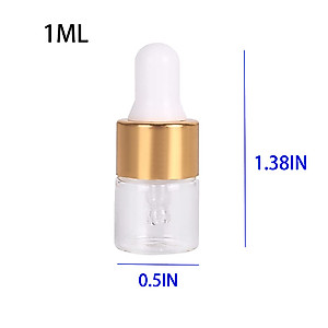 Hauioe 50 Clear glass Dropper Bottle 1/3/5ML Essential Oil dropper Bottle and Measuring Pipette Golden Bottle with Lid Empty tincture Bottle Perfume Cosmetic Travel Liquid Container