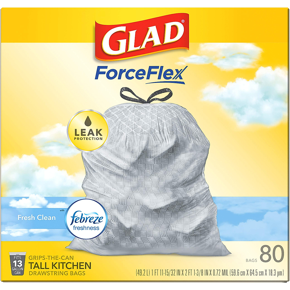 GLAD ForceFlex Tall Drawstring Trash Bags, 13 Gallon Grey Trash Bags for Tall Kitchen Trash Can, Fresh Clean with Febreze Freshness to Eliminate Odors, 80 Count - Packaging May Vary