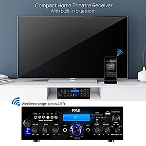 Pyle Compact Bluetooth Stereo Amplifier - 200 Watt Desktop Audio Power Amp Receiver with FM Radio, MP3/USB/SD Readers, Digital LCD Display, Microphone Input - Pyle PDA612BU