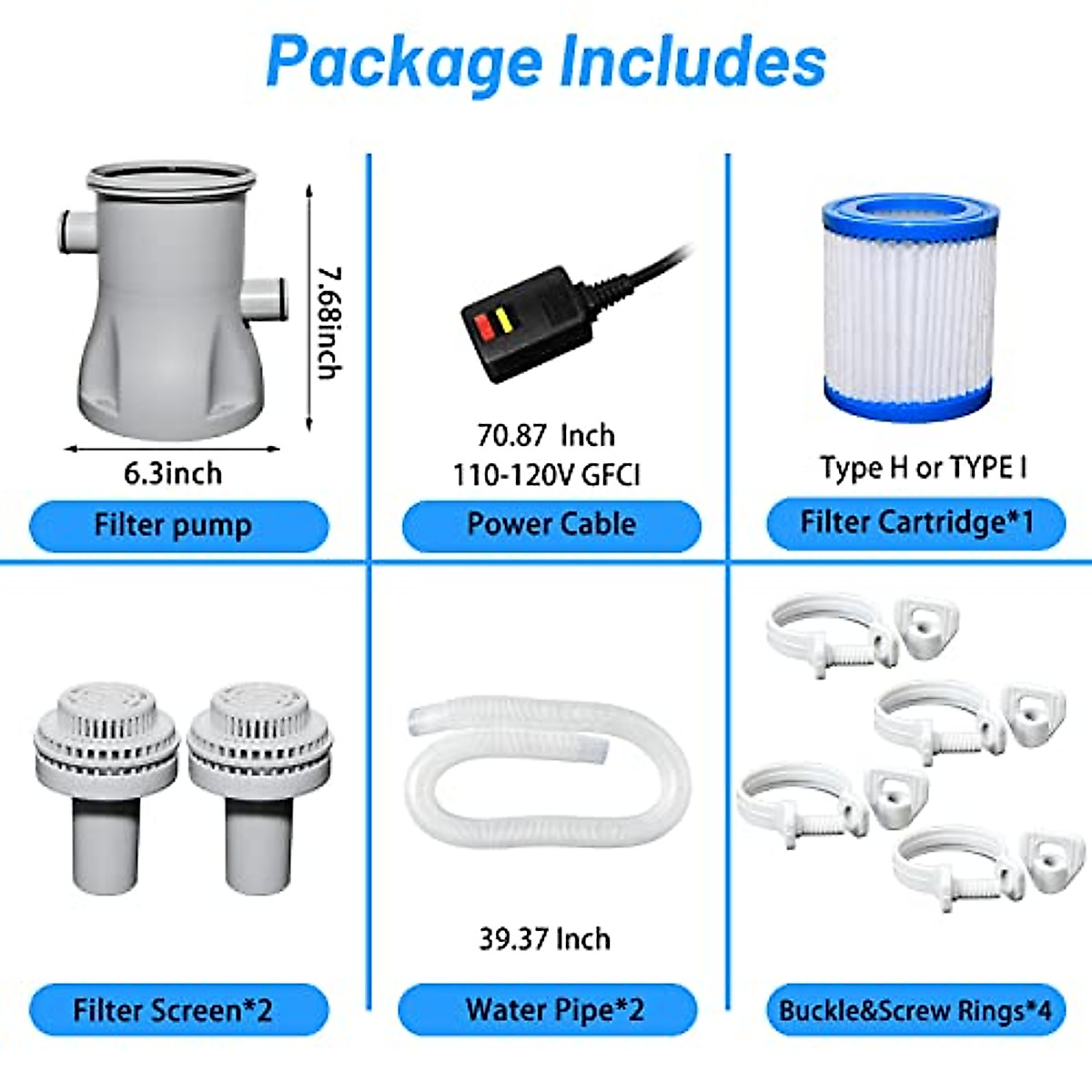 330 Gallons Pool Filter Pump Above Ground,Swimming Pool Filter Cartridge Pump,Electric Pool Water Pump Filter for Pools Sand Cleaning Tool Set with 1 Pool Filter Cartridge