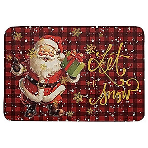 Christmas Santa Claus 1 Piece Water Absorbent Door Mat Anti-Skid Memory Foam Cushioned Rug Comfort Standing Floor Mat for Office Home Bathroom Kitchen 16x24 Inch Snowflakes Red Buffalo Plaid
