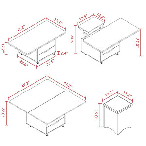 PIAQIA Convertible Folding Dining Table Set for 8, Multifunctional Lift Top Coffee Table with 4 Storage Ottoman, Space Saving Extendable Table for Compact Living Space, 47.2" Width