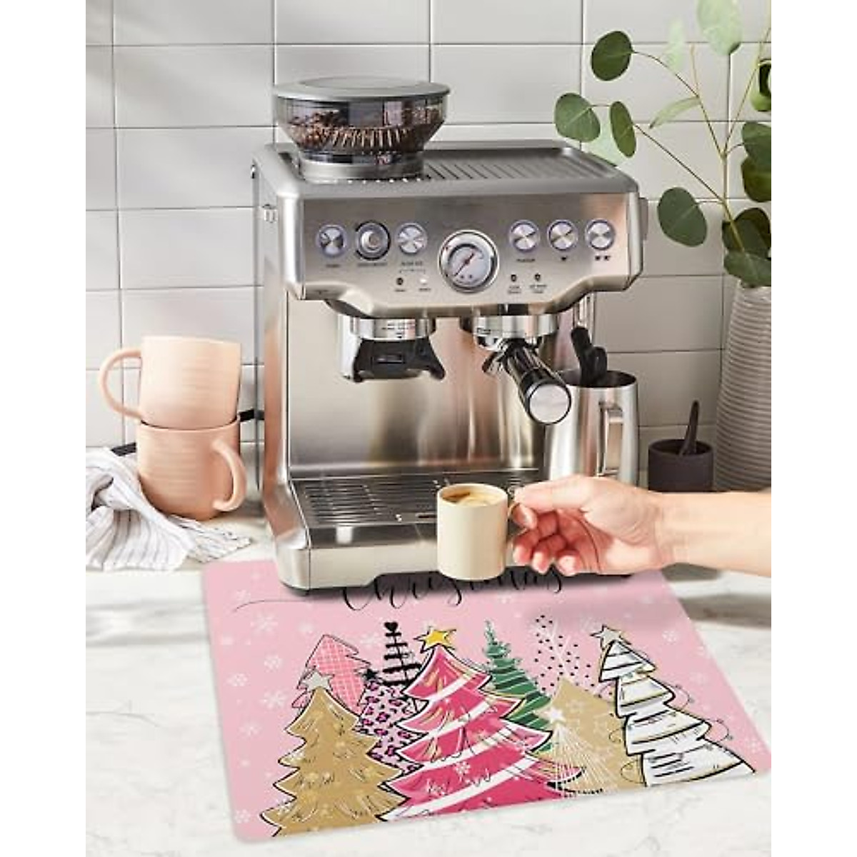 Coffee Mat for Counter,Pink Christmas Tree Winter Forest Trees Snowflake Absorbent Hide Stain Coffee Bar Mat,Non-slip Coffee Bar Accessories Kitchen Drying Mat Fit Under Coffee Maker Espresso Machine