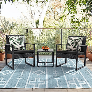 Flamaker 3 Pieces Patio Set Outdoor Wicker Patio Furniture Sets Modern Bistro Set Rattan Chair Conversation Sets with Coffee Table for Yard and Bistro (Black)