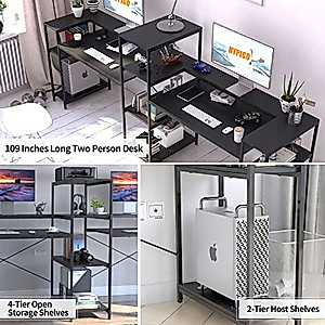 HYPIGO Two Person Computer Desk with Storage Shelves, 109 inches Extra Long Double Workstation Desk with Printer Shelf & Monitor Stand, Large Office Desk Study Writing Table for Home Office - Black
