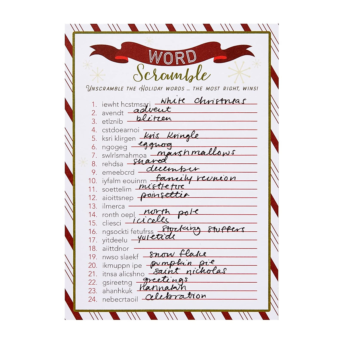 BLUE PANDA 50 Sheets Christmas Word Scramble Game, Holiday Party Activity for Family, Fun Festive Adult Christmas Party Games for Xmas Celebrations Gatherings at Home or Office (5 x 7 in)