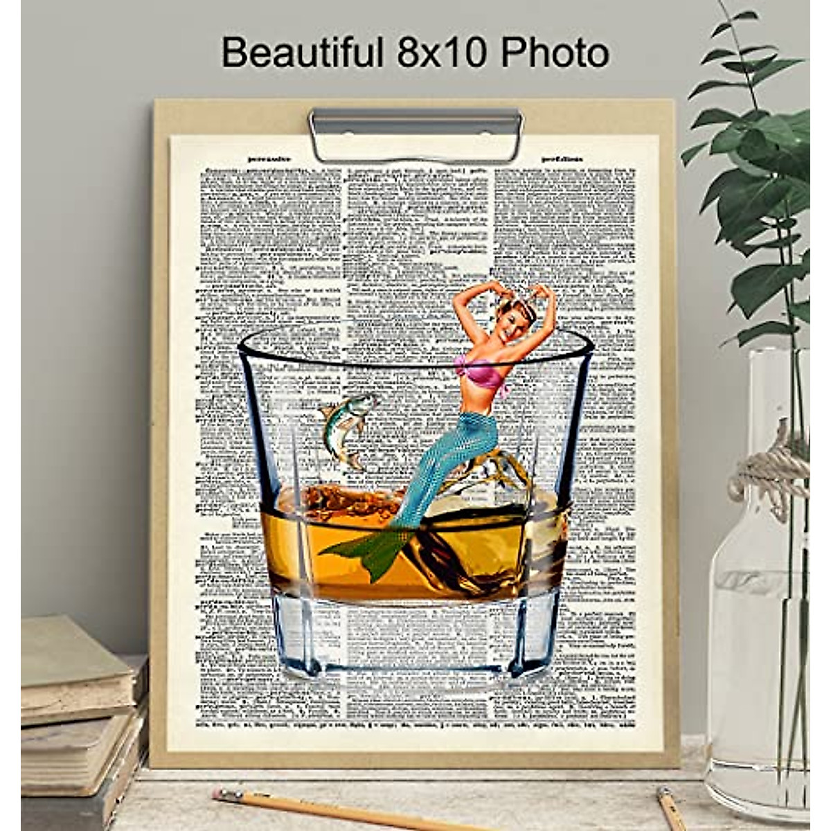 Bar Man Cave Mermaid Decor - Scotch Whiskey Wall Art - Fish Wall Decor for Men, Guys - Funny Alcohol Drinking Decor - 8x10 Dictionary Art Picture Poster - Home Office Decor
