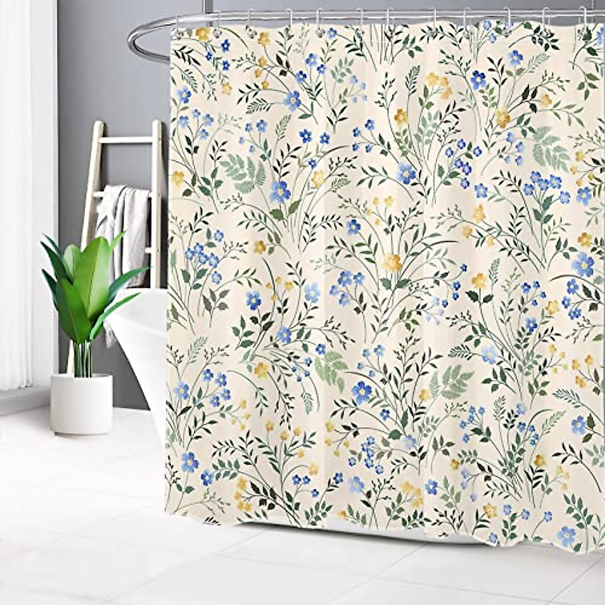 LB Country Wildflower Shower Curtain Decor,Blue and Yellow Floral Green Leaf Plant on Beige Shower Curtain for Bathroom 72X72 inch Polyester Fabric Bathroom Decoration Bath Curtains Hooks Included