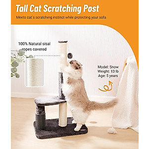 Happi N Pets 34“ Tall Cat Scratching Post for Big Cats, Natural Sisal Cat Scratchers for Indoor Cats, Heavy Duty Cat Stands Featuring with Cat Self Groomer and Hanging Toys, Free Catnip-Gray