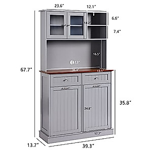 YOCONYO Double Tilt Out Trash Cabinet Storage Cabinet 20 Gallon with Two Solid Wood Hideaway Trash Holder Drawers, Dual Wooden Free Standing Recycling Cabinets Trash Can Bin Kitchen (Gray)