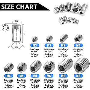 Yakamoz 200Pcs M3 M4 M5 M6 M8 Hex Allen Head Socket Grub Screw Set Stainless Steel Cup Point Metric Screws Assortment Fasteners Kits