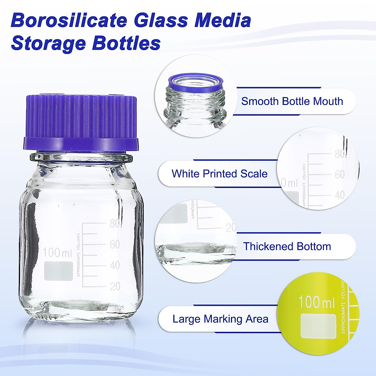 PATIKIL 8 Pack Reagent Media Storage Bottles, 100ml Borosilicate Glass Graduated Round Bottles with GL45 Blue Screw Cap for Lab Water Reagent Liquids, Clear