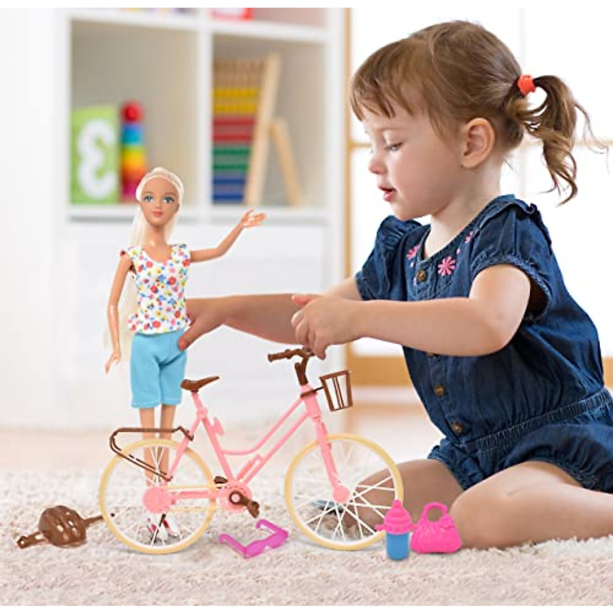 Mini Fashion Doll on Bike by Beach Playset for Girls, Includes Doll with Long Blonde Hair, Bicycle, and Accessories, Boardwalk Outdoor Biking Set Toy for Kids and Toddlers Ages 3 4 5 6 7 8