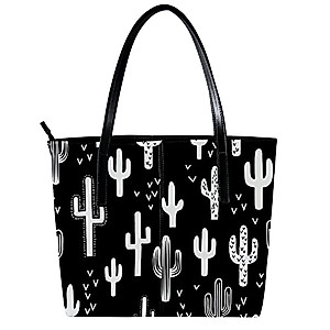 Women Tote Shoulder Bag, Fun Western Cactus Black and White Leather Work Handbag with Zipper for Teens College Students