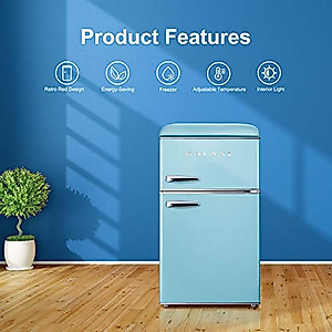Galanz GLR31TBEER Retro Compact Refrigerator, Mini Fridge with Dual Doors, 3.1 Cu FT, Blue & GLCMKZ11BER10 Retro Countertop Microwave Oven with Auto Cook & Reheat, Defrost, 1.1 cu ft, Blue