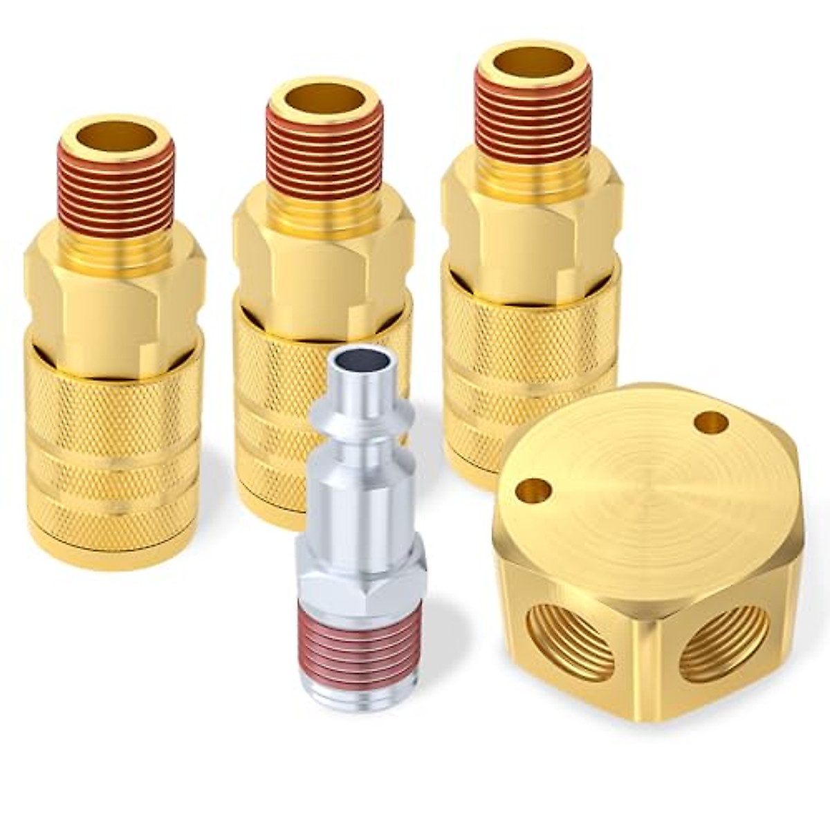 Taisher 3-Way 1/4 Inch NPT Hex Style Air Manifold with 3 Pieces Brass Industrial Coupler and Plug, Air Compressor Hose Accessories Quick Connect Fittings Air Splitter