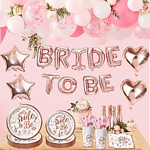 Bridal Shower Decorations - Rose Gold Bachelorette Party Decorations Set with Plates, Napkins, Cups, Cutlery, Bride to Be, Star, Heart Foil Balloons for Bridal Shower Decor, Serve 25
